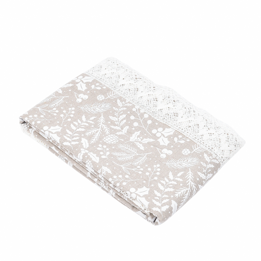 Natural color linen tablecloth with lace printed with white pattern ...
